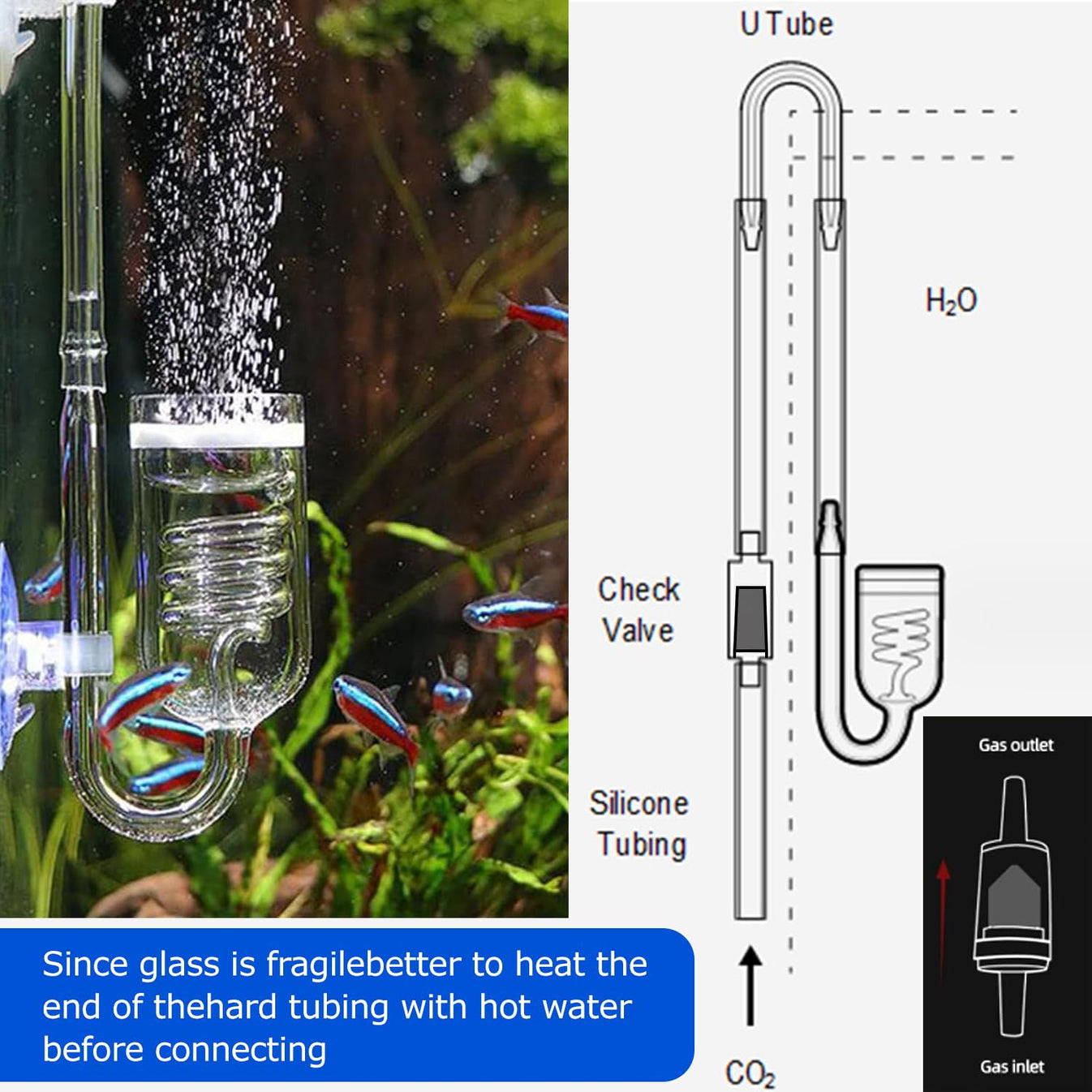 Spiro Tube Glass CO2 Diffuser with U bend and check valve – AquaMarket UAE